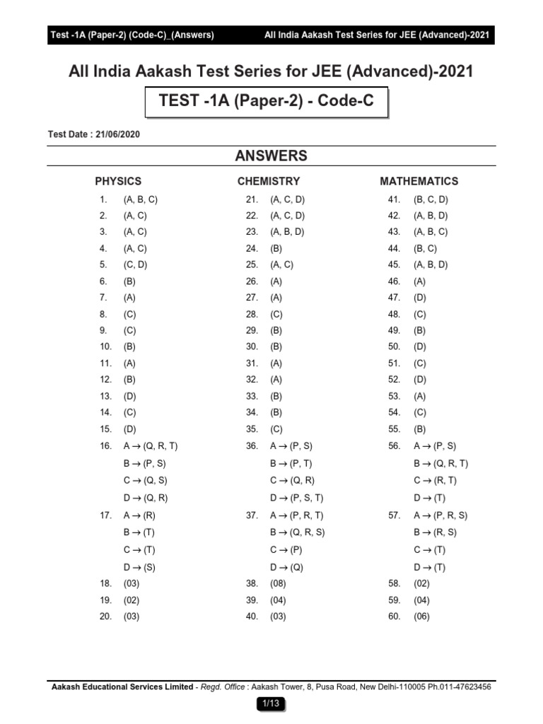 All India Aakash Test Series For JEE (Advanced) - 2021 TEST - 1A (Paper ...