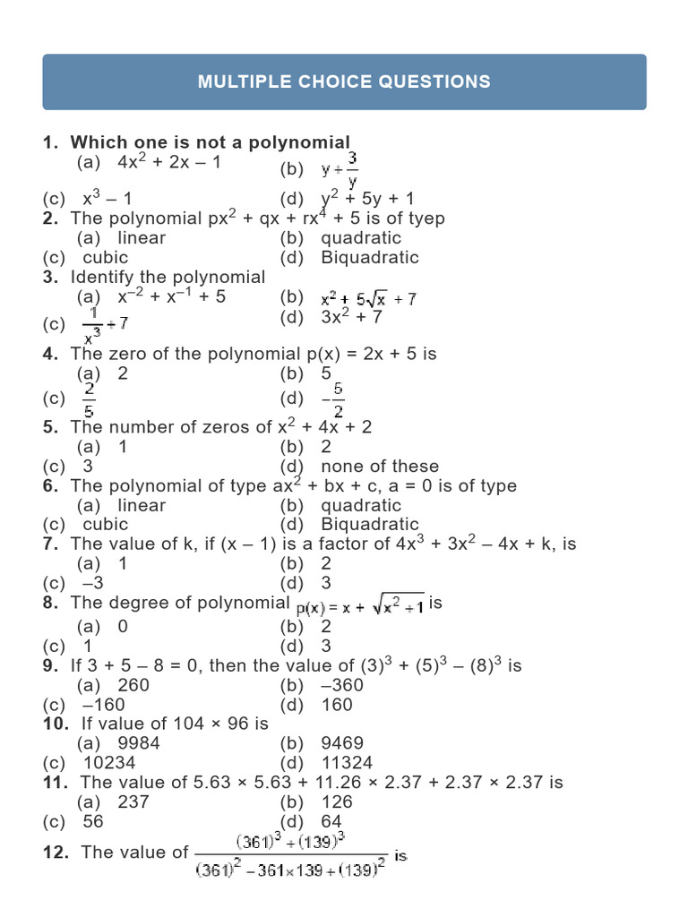 CBSE 9, Math, CBSE - Polynomials, MCQ | PDF