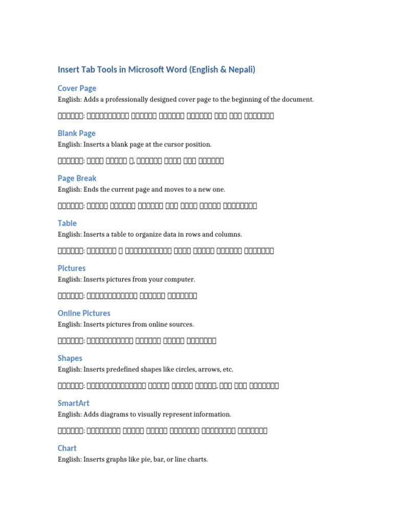 Insert Tab Tools English Nepali | PDF