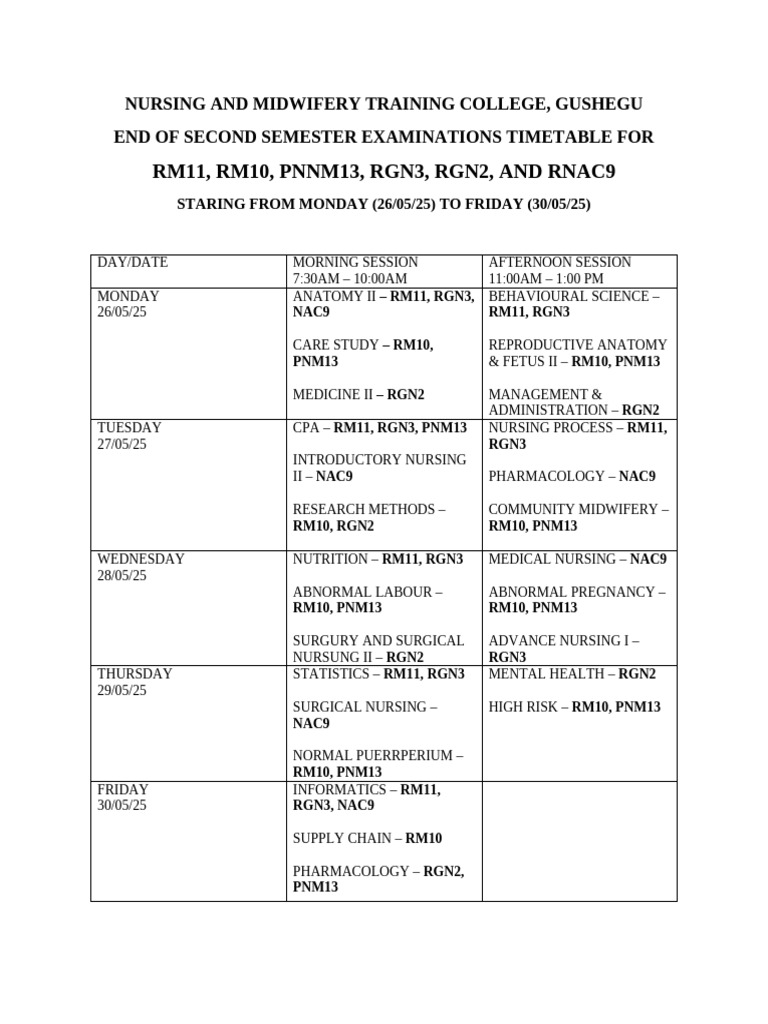 End of Second Sem Exam Time Table - May 2025 | PDF