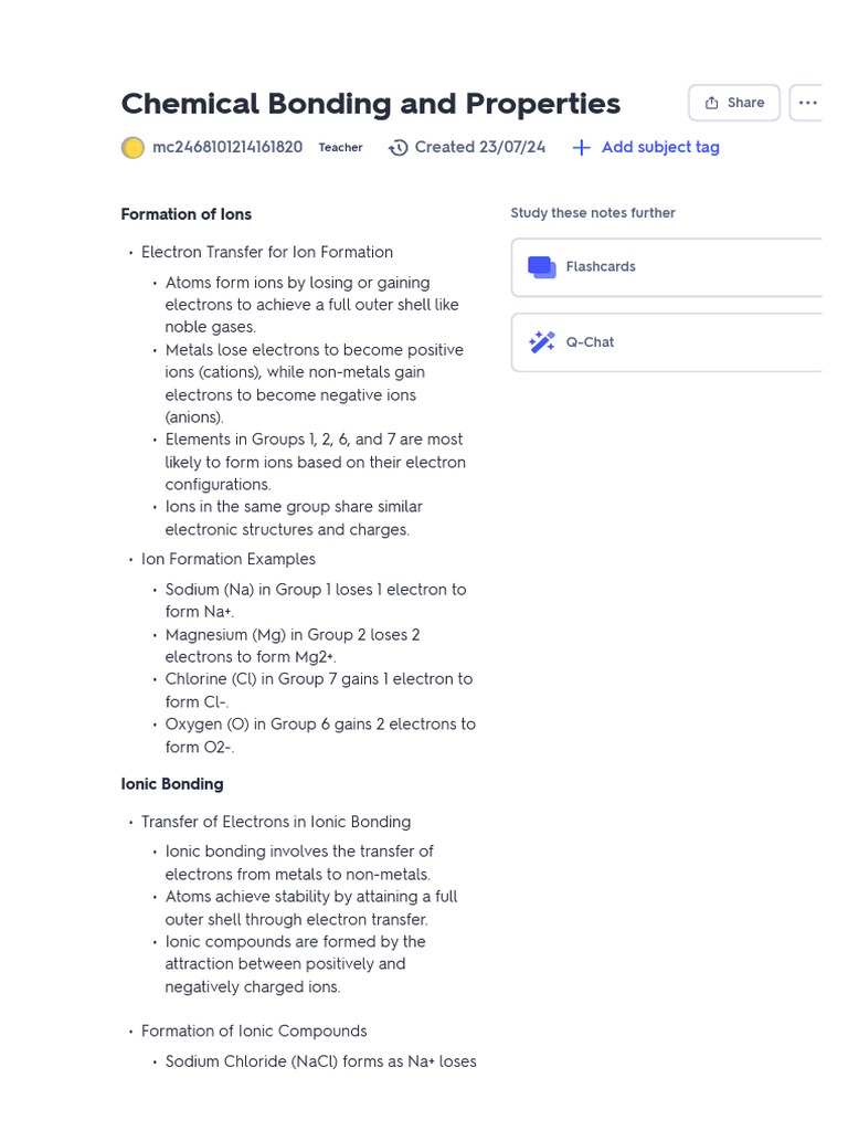 Chemical Bonding and Properties Notes - Quizlet | PDF | Ion | Chemical Bond