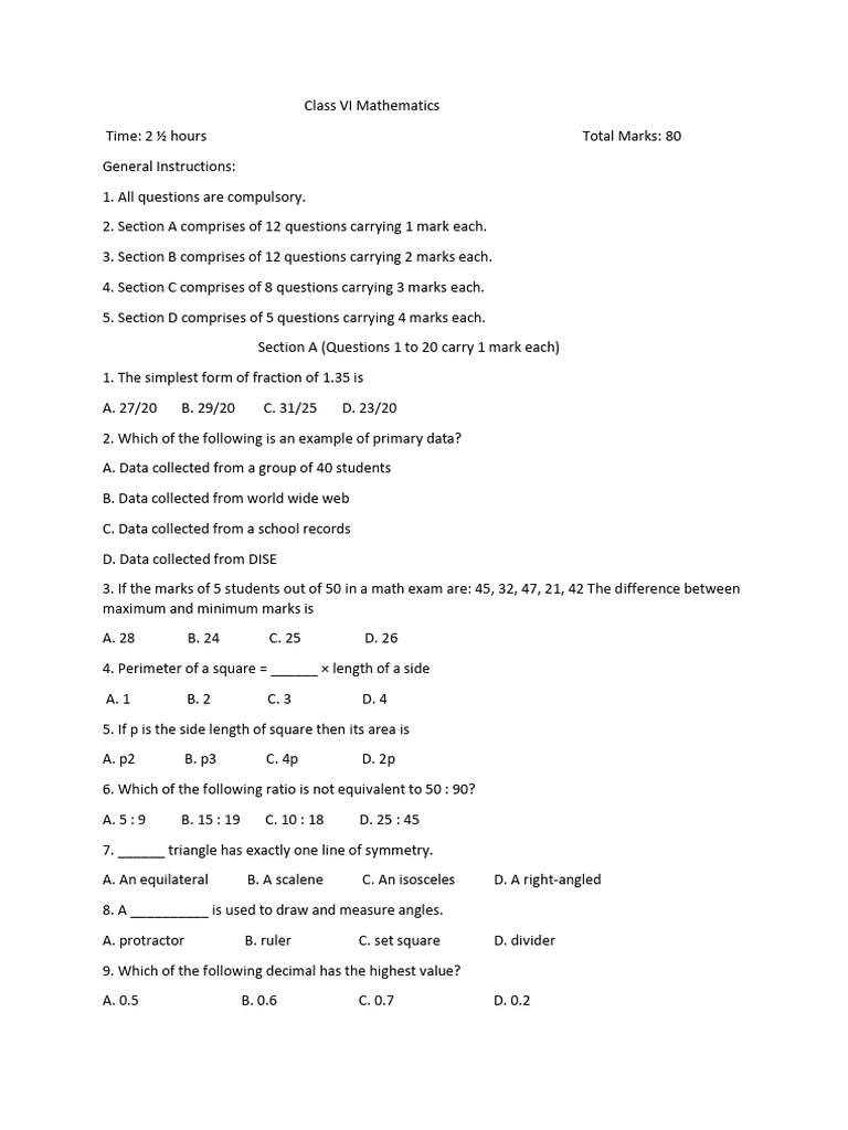 Class VI Mathematics Paper | PDF | Elementary Mathematics | Euclidean Geometry