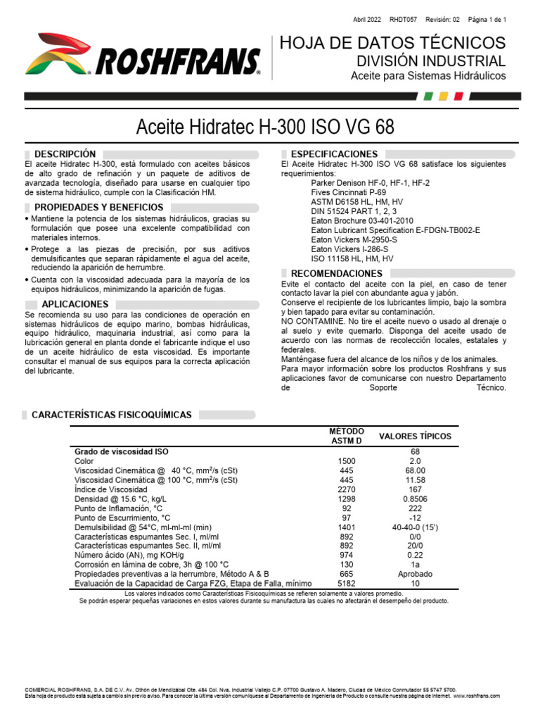 RHDT057 Aceite Hidratec H 300 Iso VG 68 | PDF | Petróleo | Materiales
