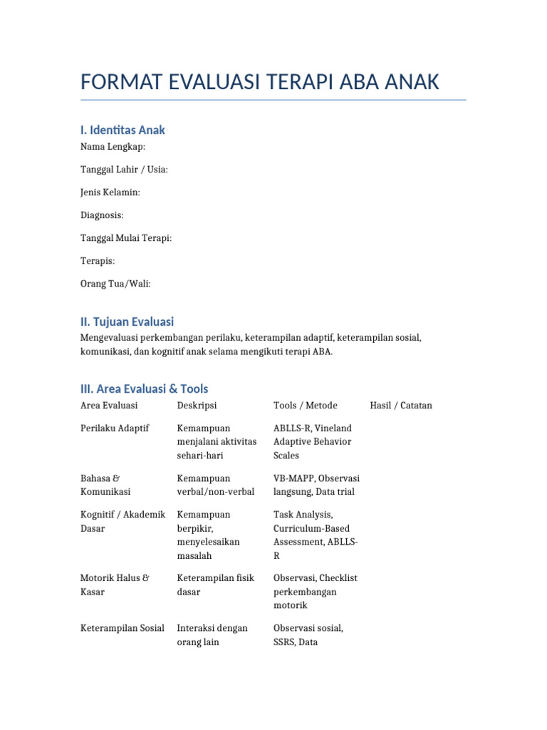 Format Evaluasi Terapi ABA Anak | PDF