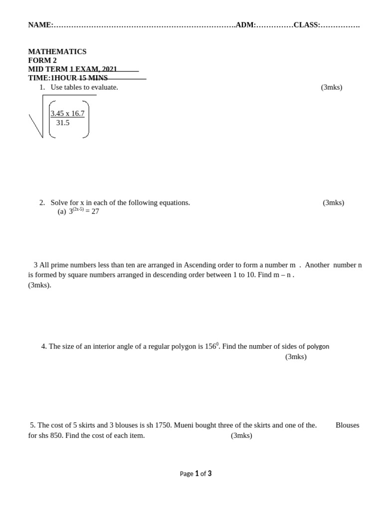 Set2 Mathematics MidTerm 1 2021 Teacher - Co - .Ke F2 Exam | PDF