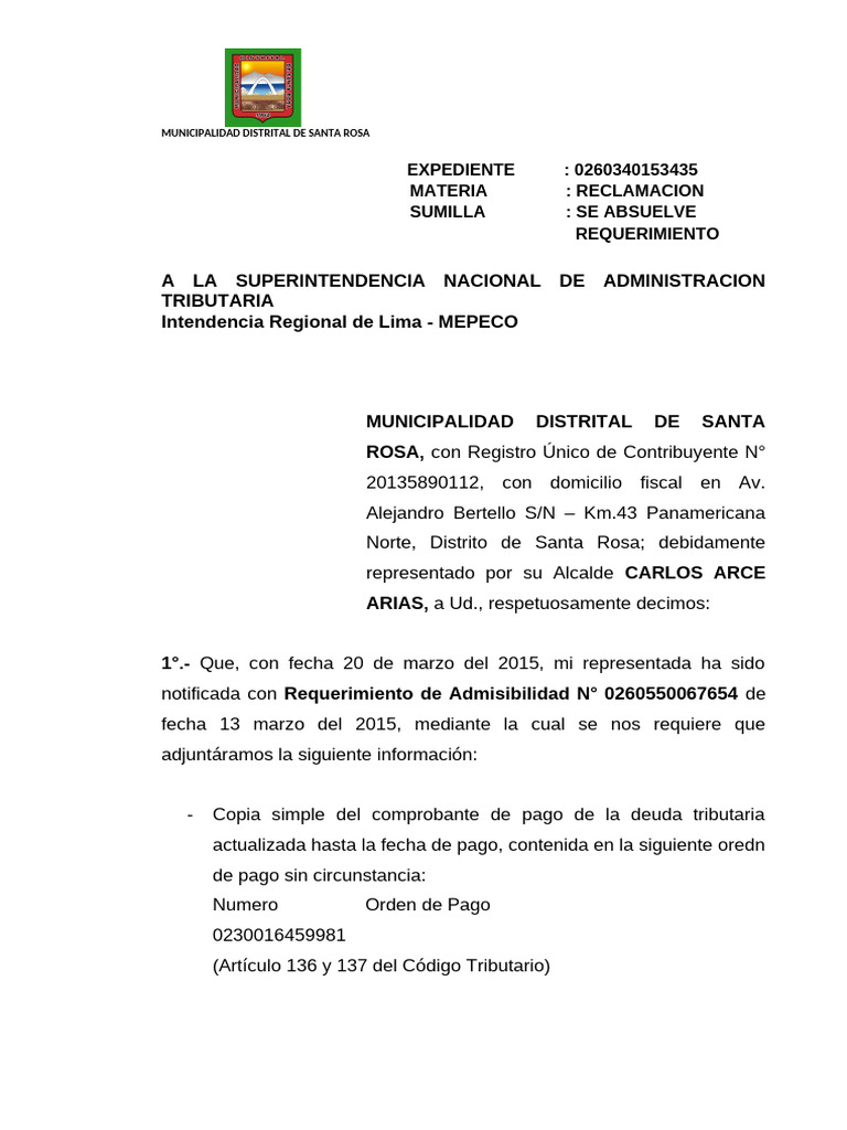 Absuelve Requerimiento Pago Previo | PDF