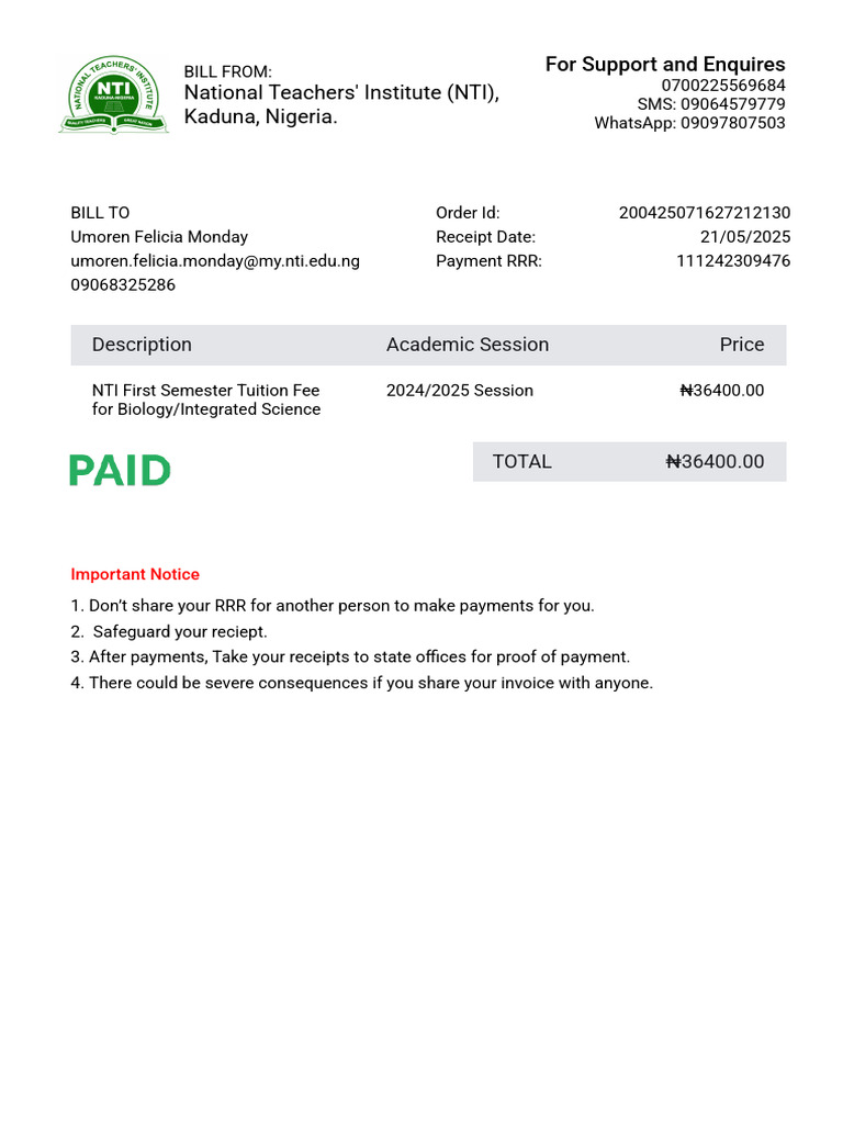 Felicia Umoren NTI Tuition Fee | PDF