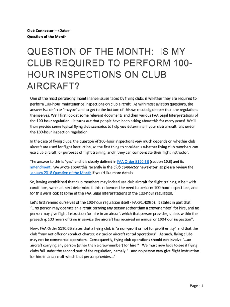 AOPA Flying Club 100 Hour Inspection | PDF