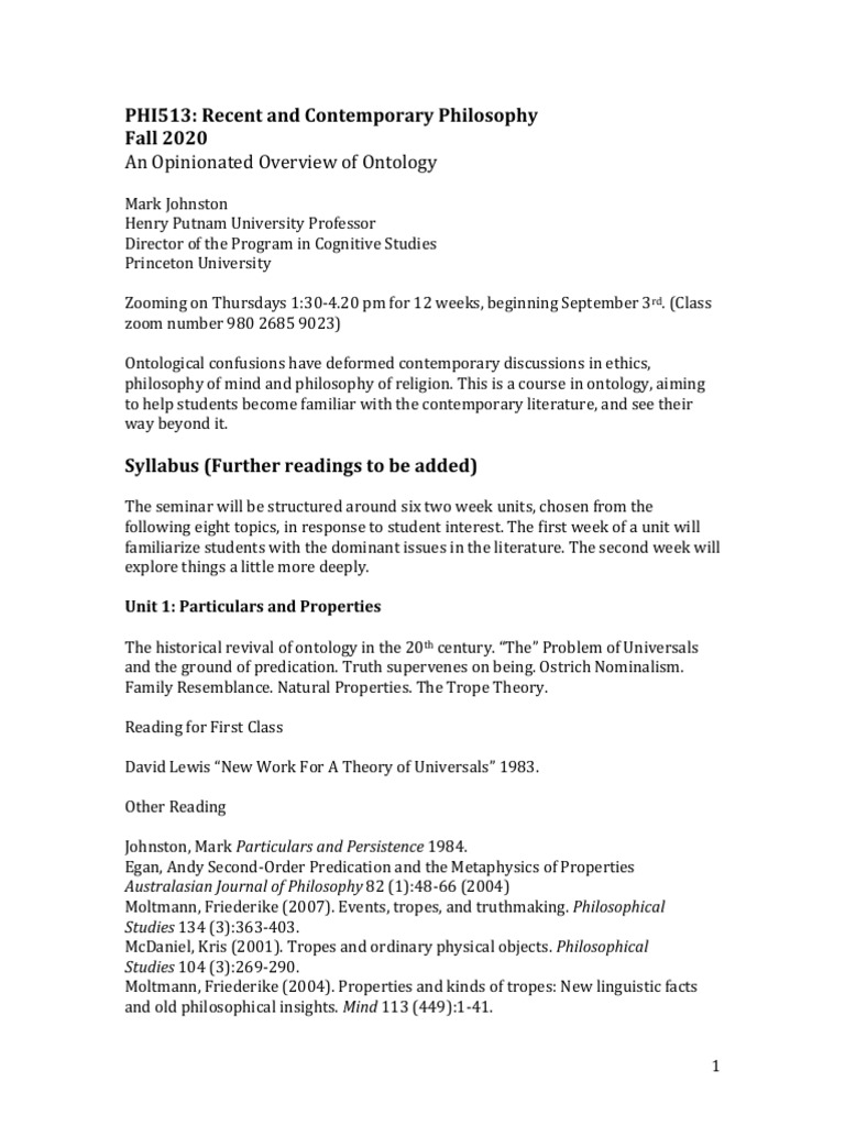 513phi f20 Syllabus Mph Identity | PDF | Ontology | Experience