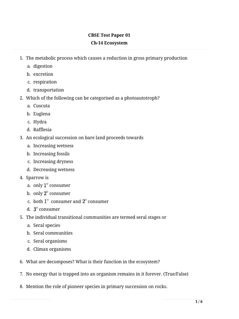 STD12 Ecosystem Worksheet 1 | PDF | Soil | Ecosystem
