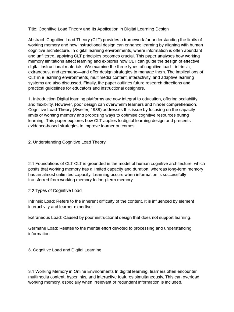 Cognitive Load Theory and Its Application in Digital Learning Design | PDF | Learning ...