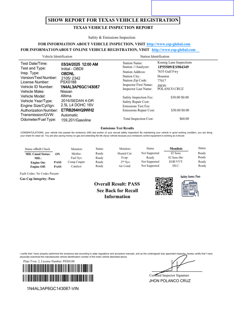 Inspection - TX Nissan - 2016 - Unlocked | PDF | National Highway ...