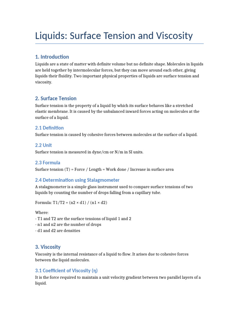 Surface Tension and Viscosity Overview | PDF
