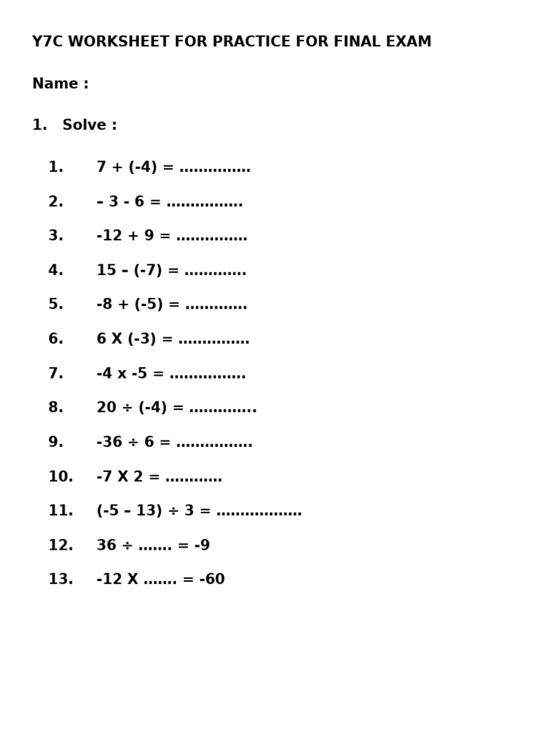 Final Exam Practice Worksheet Y7C | PDF