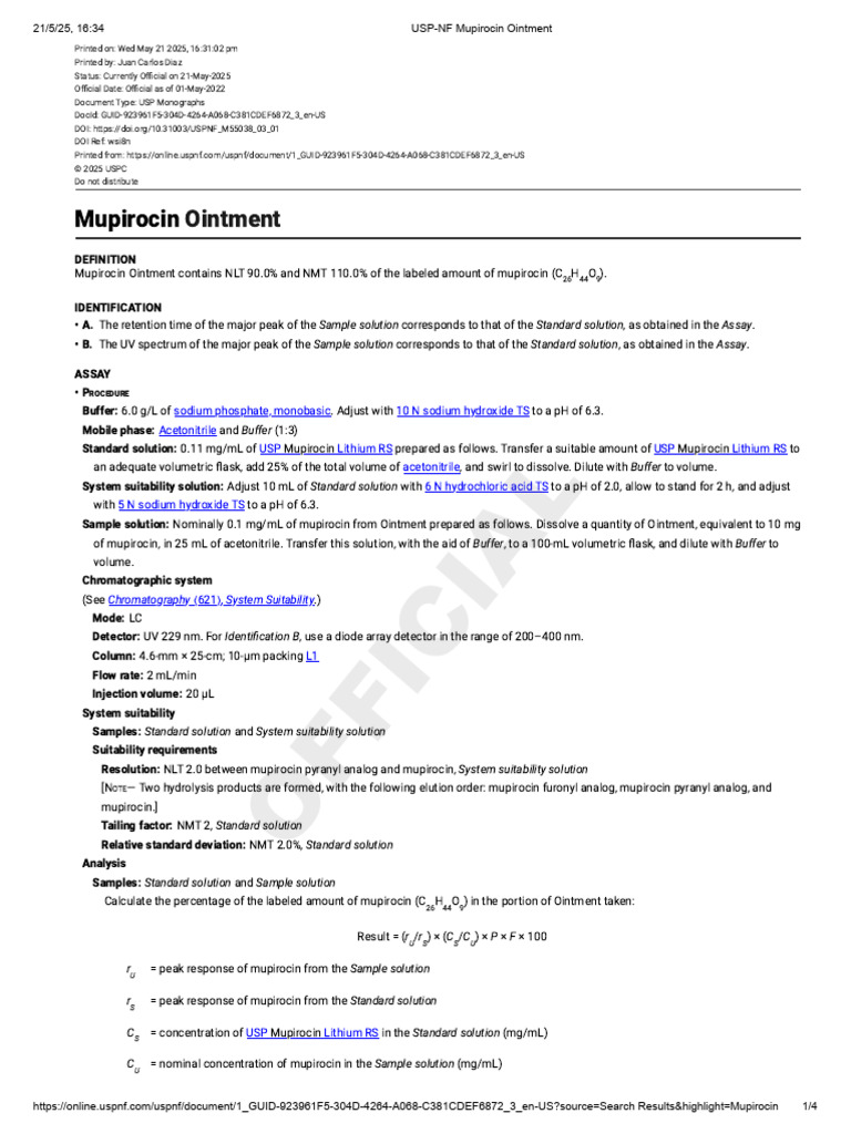 USP-NF Mupirocin Ointment | PDF | Buffer Solution | Chromatography