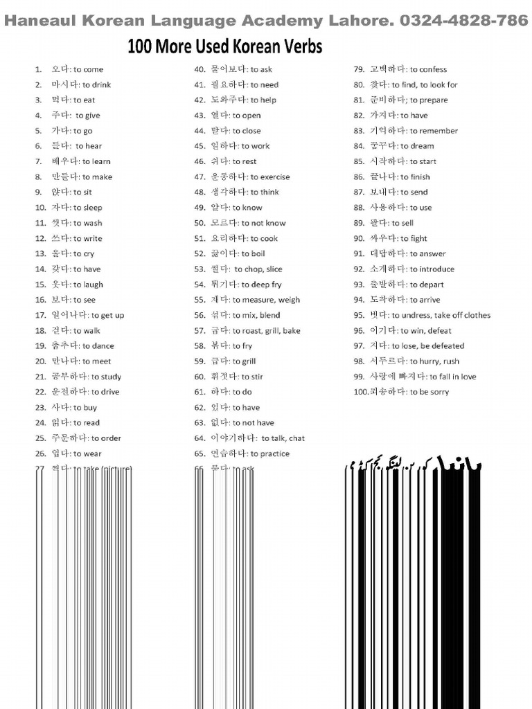 100 Most Useful Korean Verbs & Adjectives | PDF