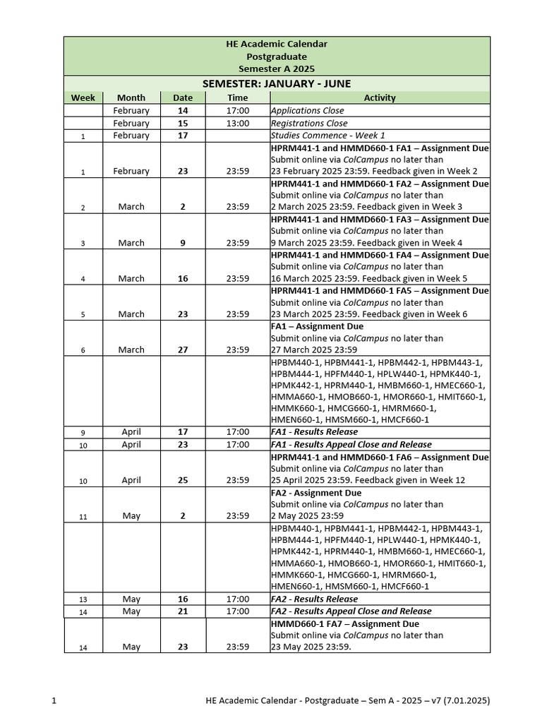 Sem A 25 - PG - HE Academic Calendar 2025 v7 07.01.2025 | PDF ...