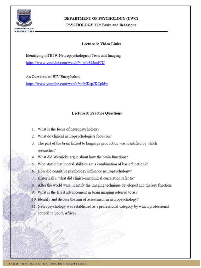 Lecture 3 - PSY112 - Practice Questions | PDF