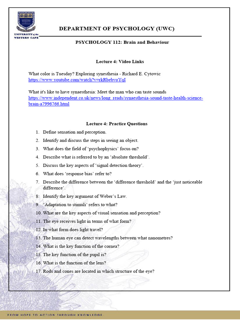 PSY112 - Lecture 4 Practice Questions | PDF