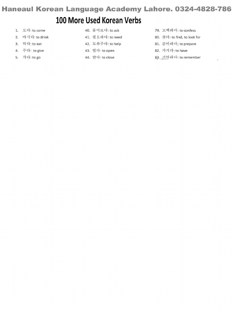 100 Most Useful Korean Verbs & Adjectives | PDF