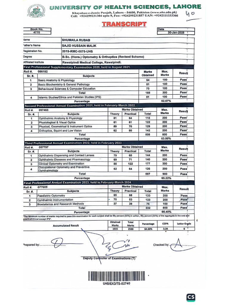 Shumaila Transcript B.SC Hons | PDF