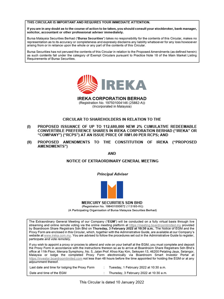 Circular of Ireka Corporation Bhd (Proposed Issuance of RCPS - Sub Trances) | PDF | Business ...