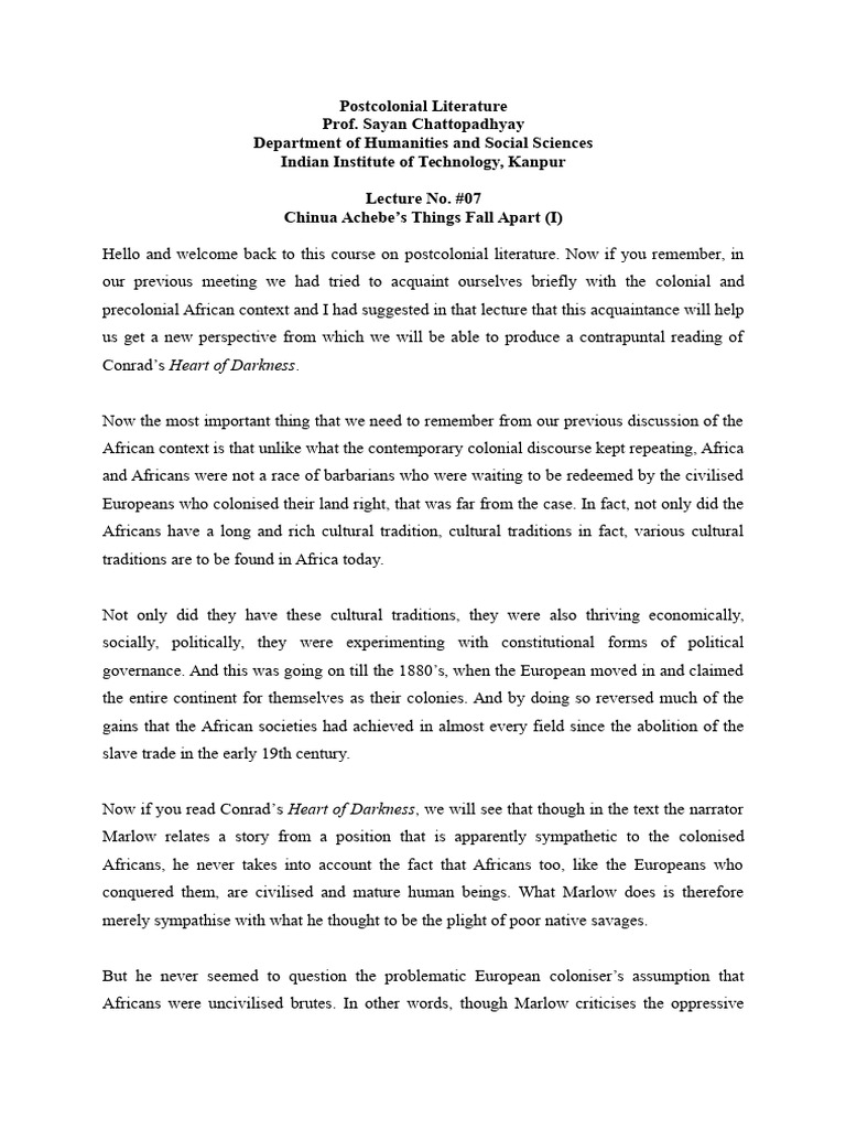 Chinua Achebe Things Fall Apart Part-1 | PDF | Heart Of Darkness