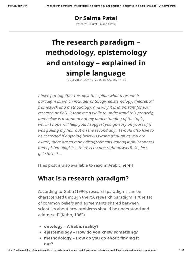 The Research Paradigm - Methodology, Epistemology and Ontology ...