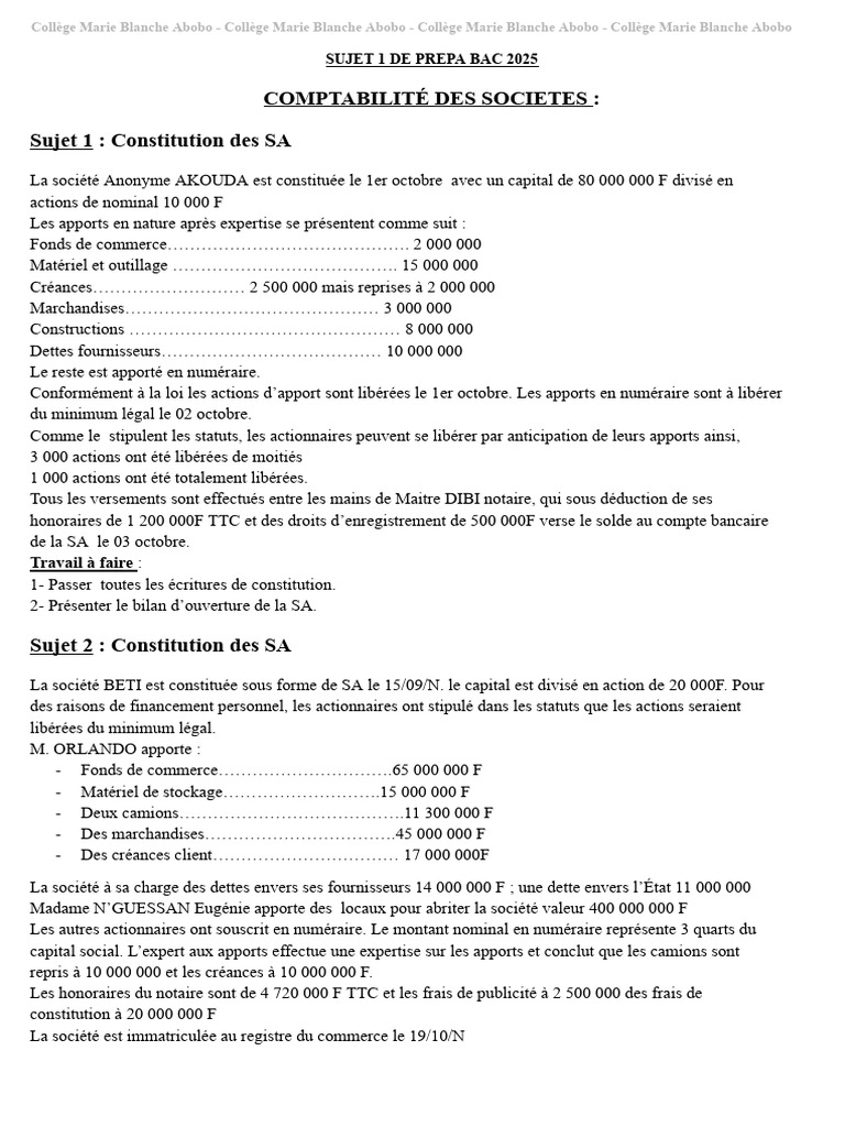 Sujets de comptabilité Bac G2 2025 | PDF | Bilan comptable | Actionnaire