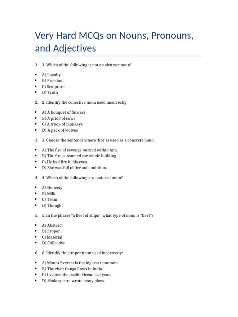 Very Hard MCQ Nouns Pronouns Adjectives | PDF | Pronoun | Noun