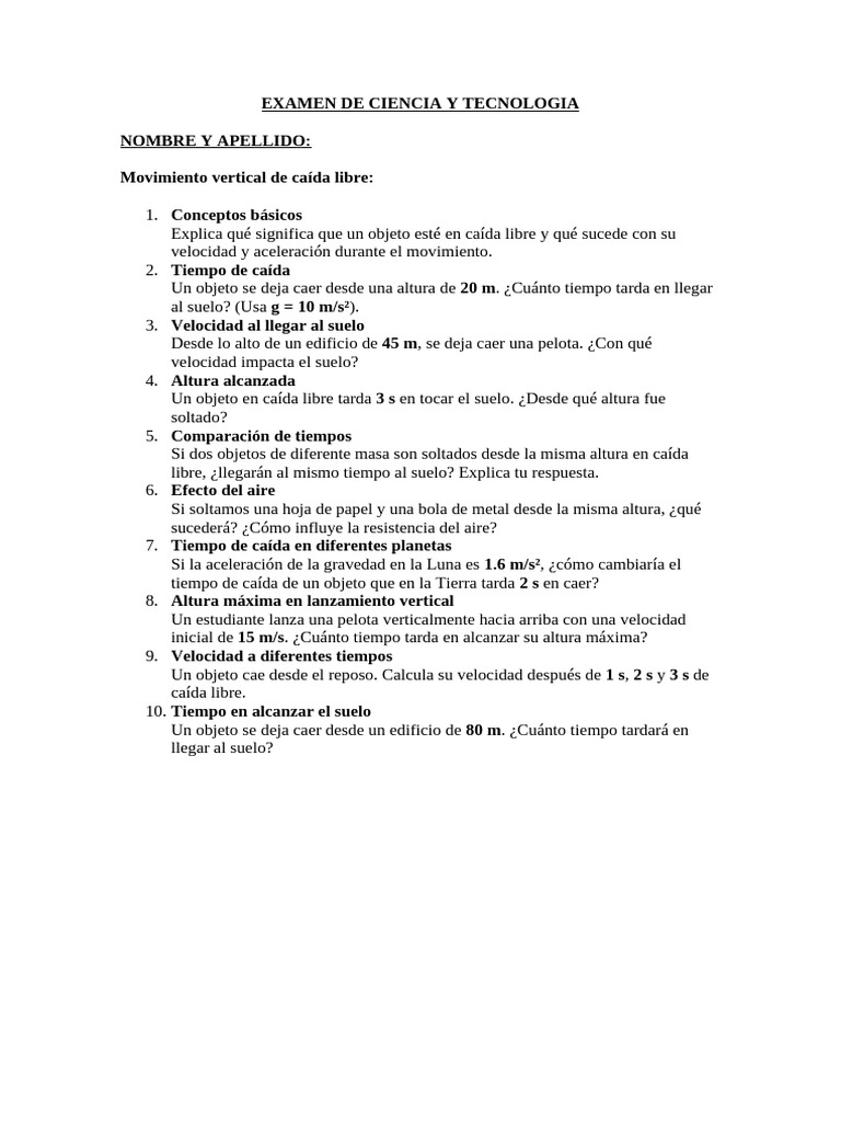 Caída Libre: Ejercicios y Conceptos Clave | PDF