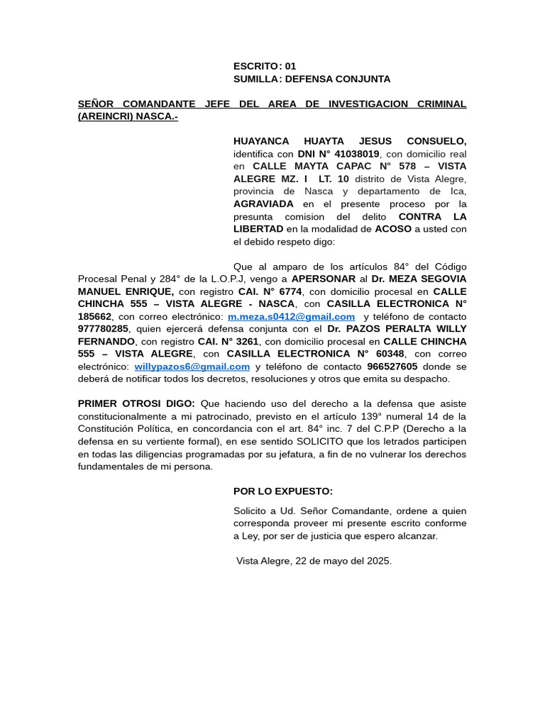 Defensa Conjunta de Huayanca Huayta Jesus Consuelo | PDF