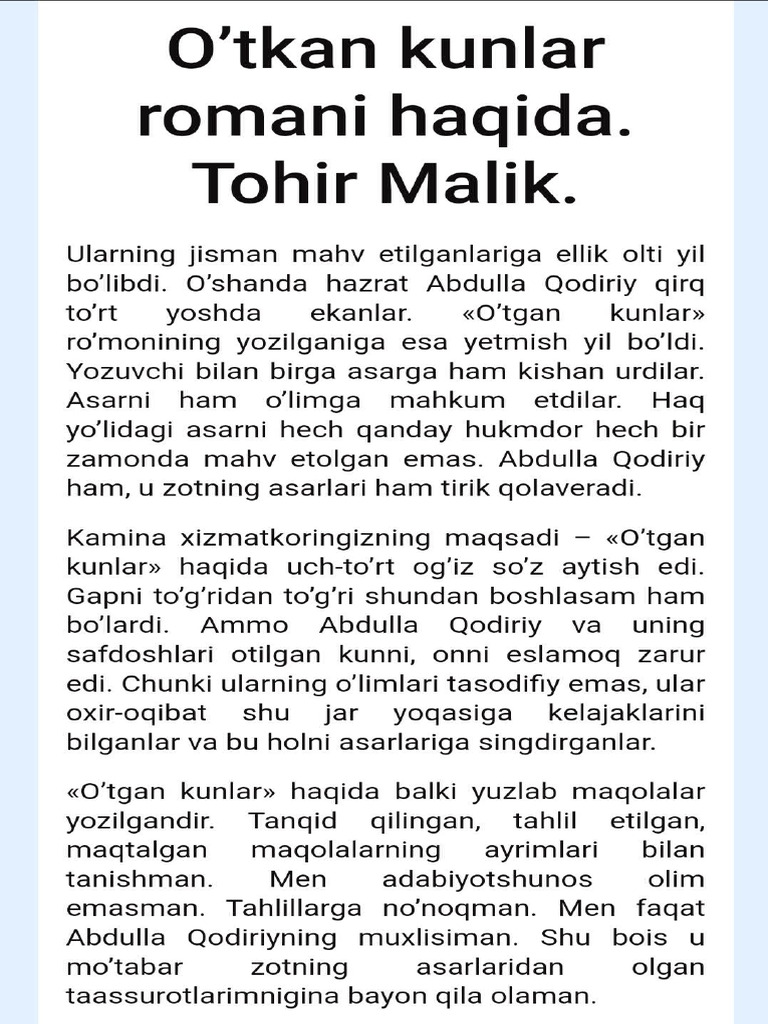 O Tkan Kunlar Romaniga Sharh (@e - Kutubxona) | PDF