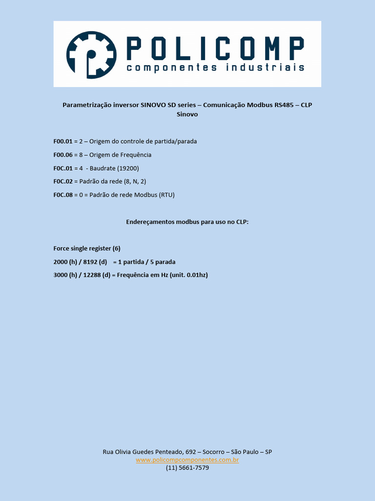 Parametrização Inversor SINOVO Modbus | PDF