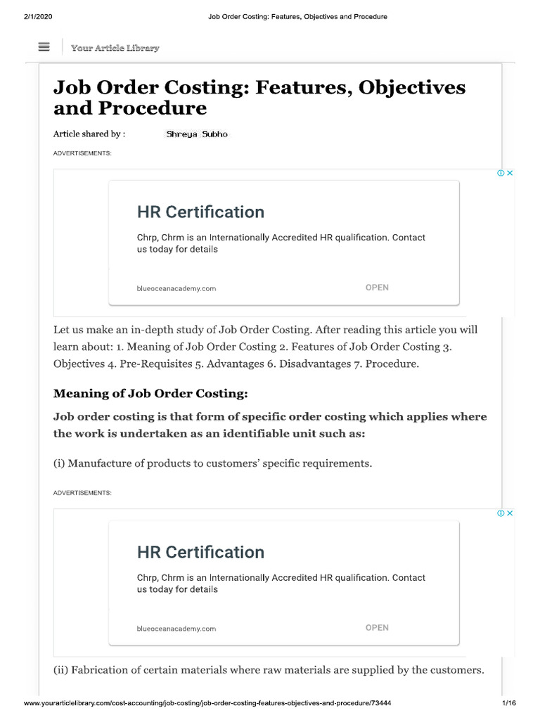 Job Order Costing - Features, Objectives and Procedure | PDF