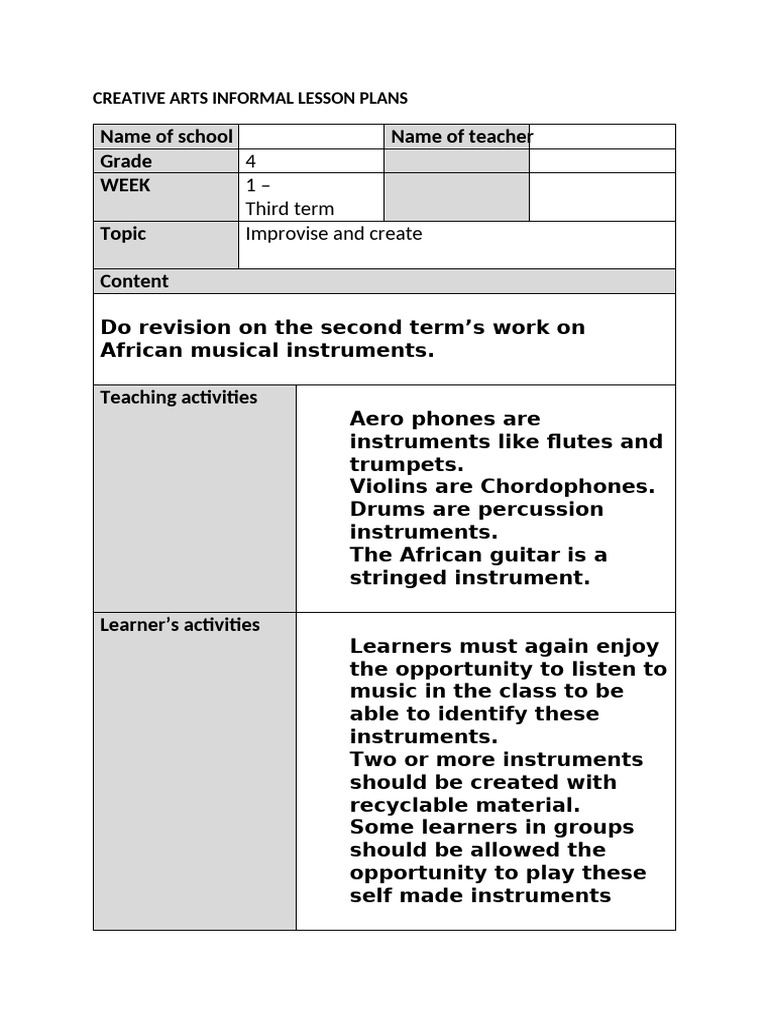 Creative Arts Lesson Plans for Grade 4-5 | PDF | Musical Instruments ...