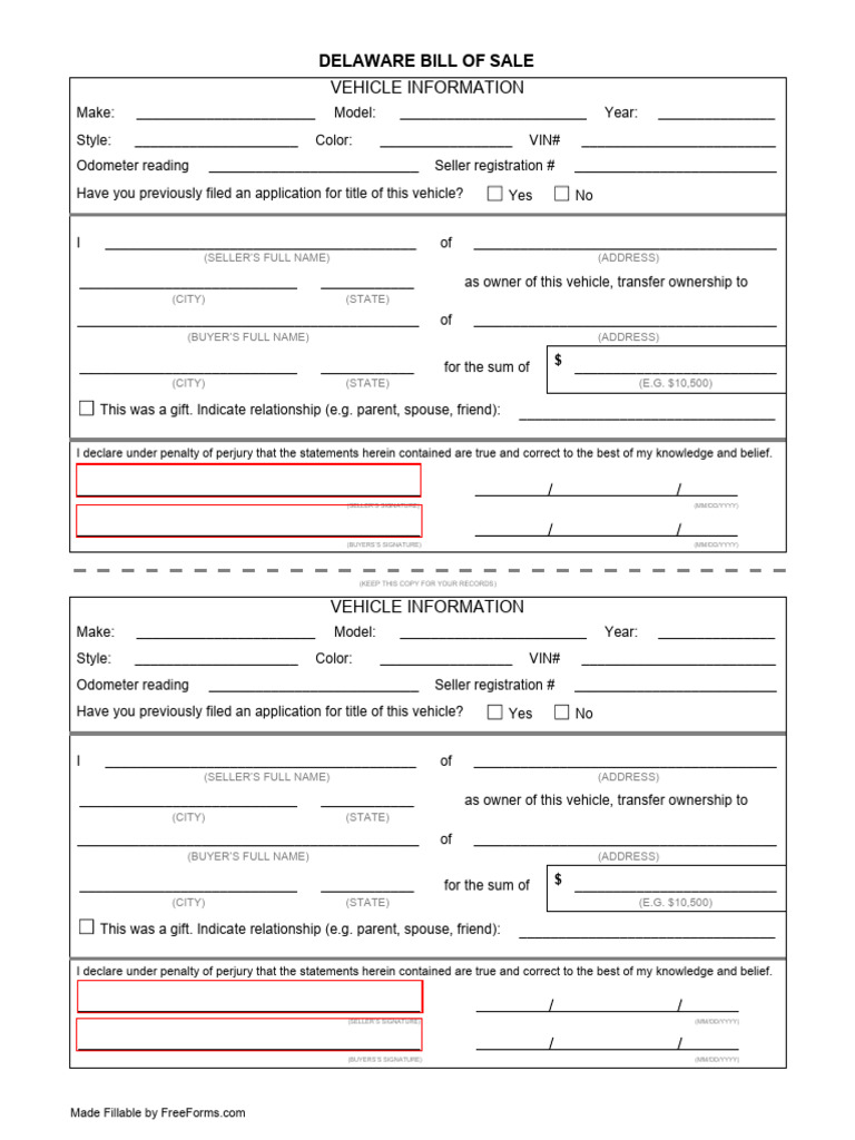 Delaware Vehicle Bill of Sale Template | PDF | Vehicles