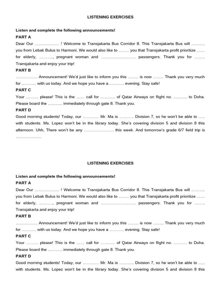 LISTENING EXERCISES ANNOUNCEMENT | PDF