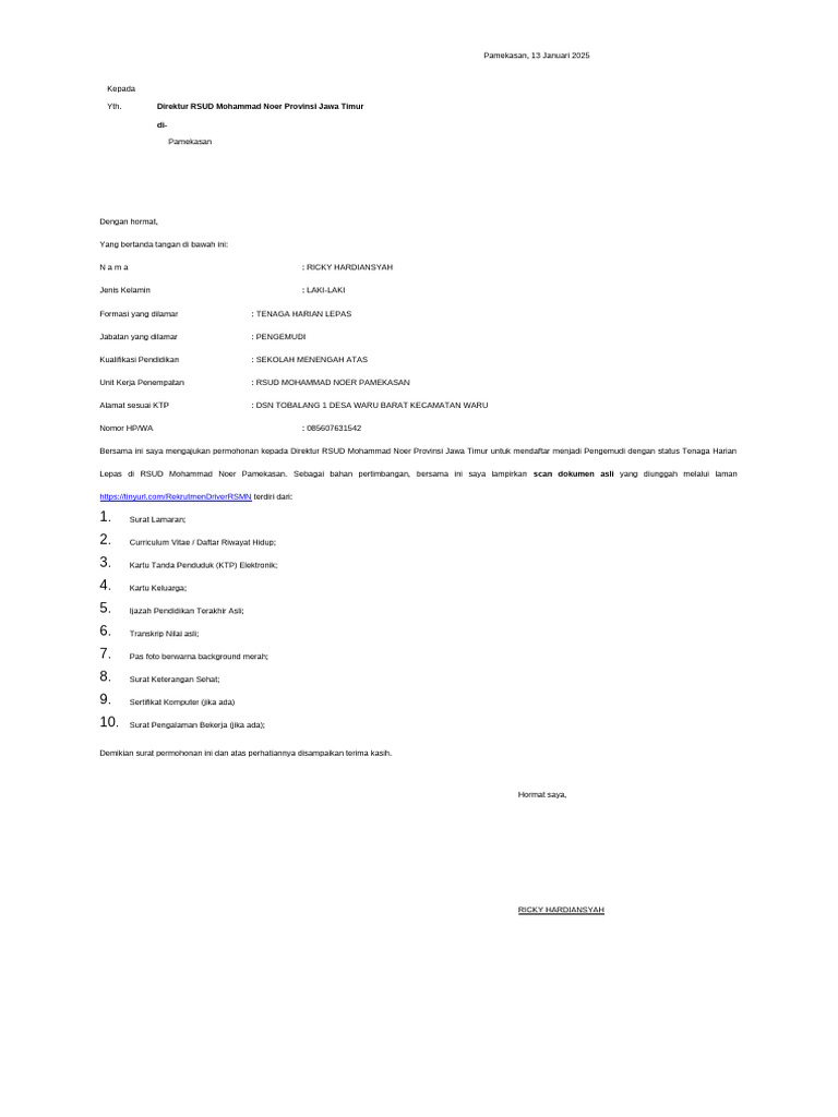 Surat Lamaran Kerja Driver | PDF