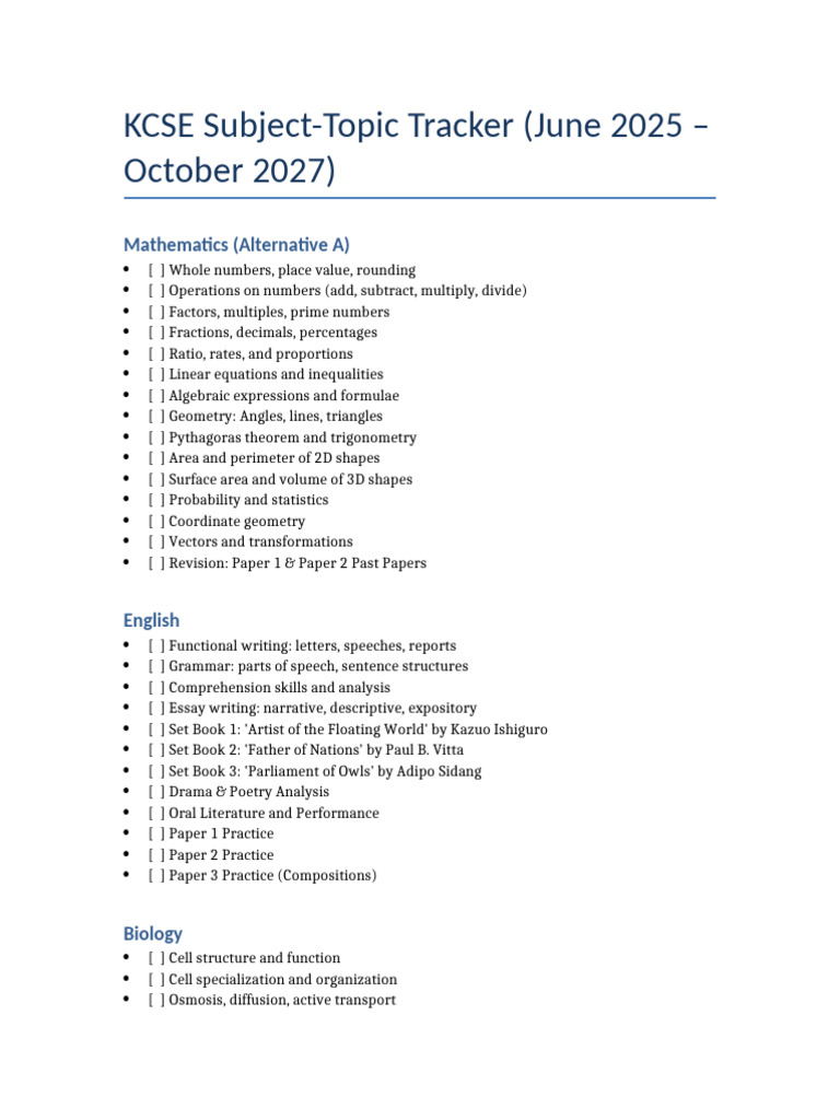 KCSE Subject Topic Tracker June2025-Oct2027 | PDF | Chemistry ...