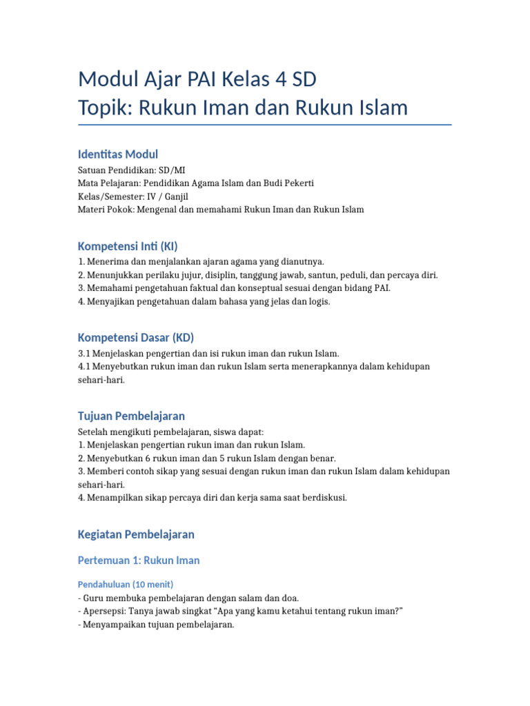 Modul Ajar PAI Kelas 4 - Rukun Iman Dan Rukun Islam | PDF