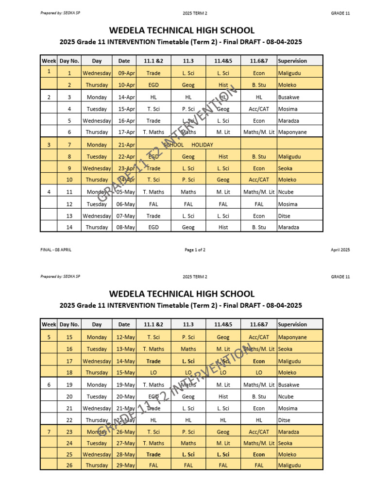 2025 T2 Grade 11 Intervention Timetable_08 March 2025-FINAL | PDF