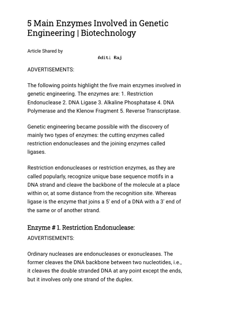 Key Enzymes in Genetic Engineering | PDF | Restriction Enzyme | Dna