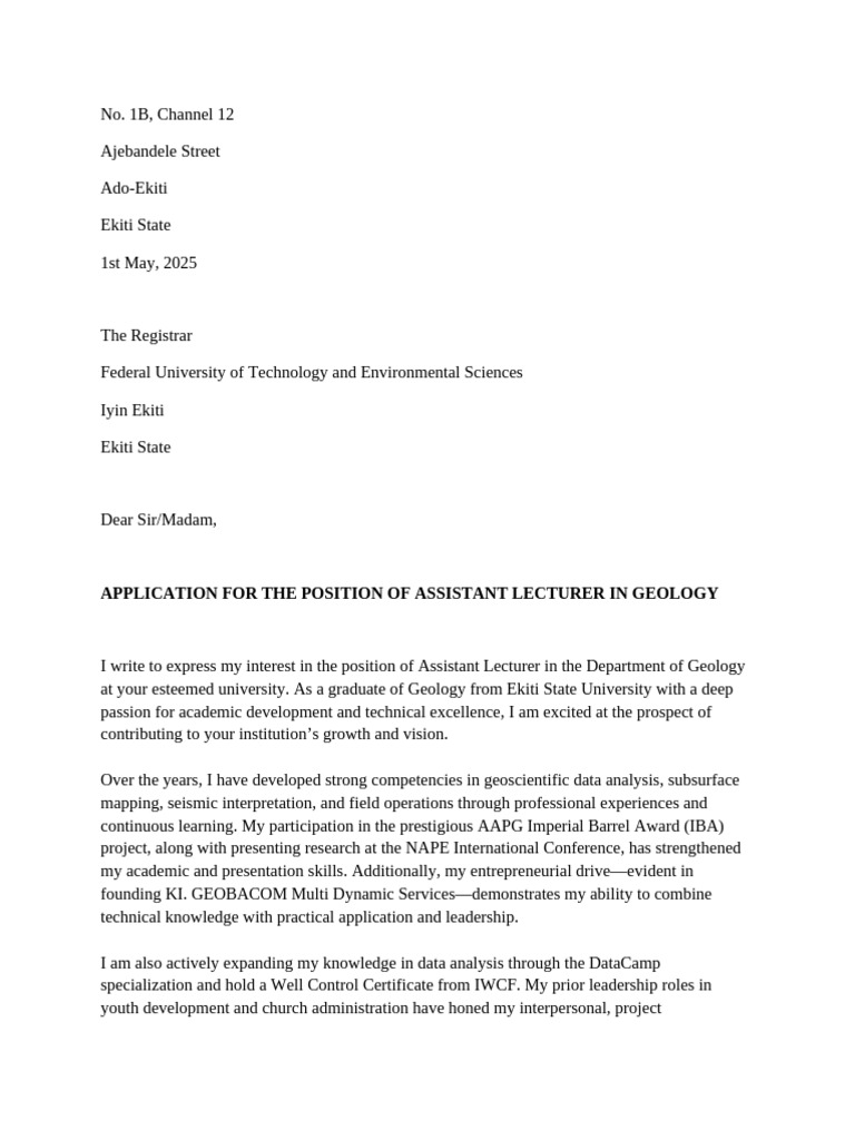 Application Letter Kolawole Israel | PDF