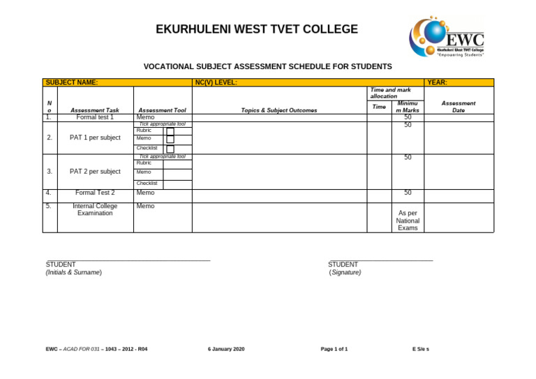 Acad For 031 1043 Vocational Subject Assess Plan Students | PDF ...