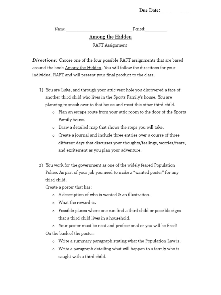 RAFT Assignment for Among the Hidden | PDF | Language Arts & Discipline ...
