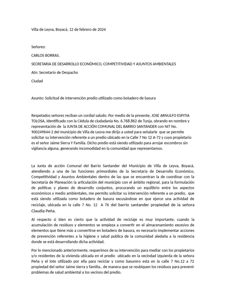 CARTA Secretaria Desarrollo Economico Carlos Borras | PDF | Residuos ...