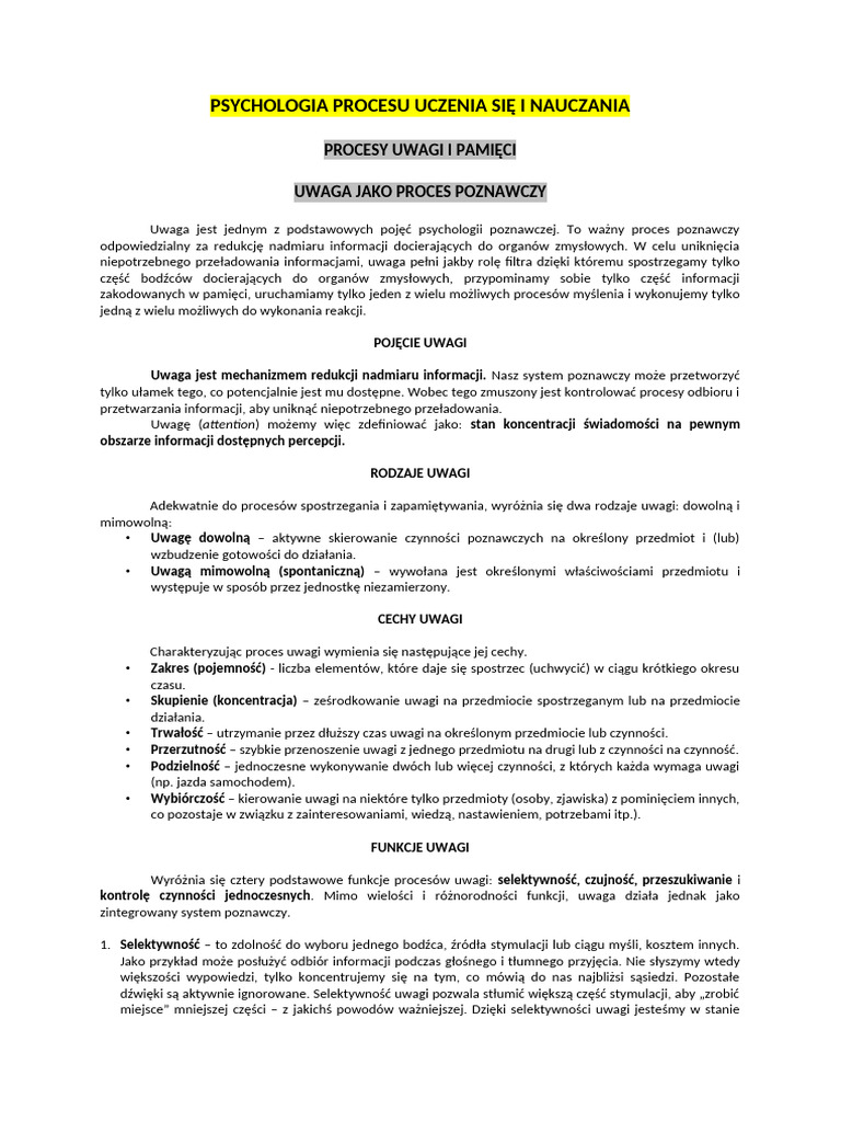 ZAJĘCIA 5. Procesy Uwagi i Pamięci | PDF