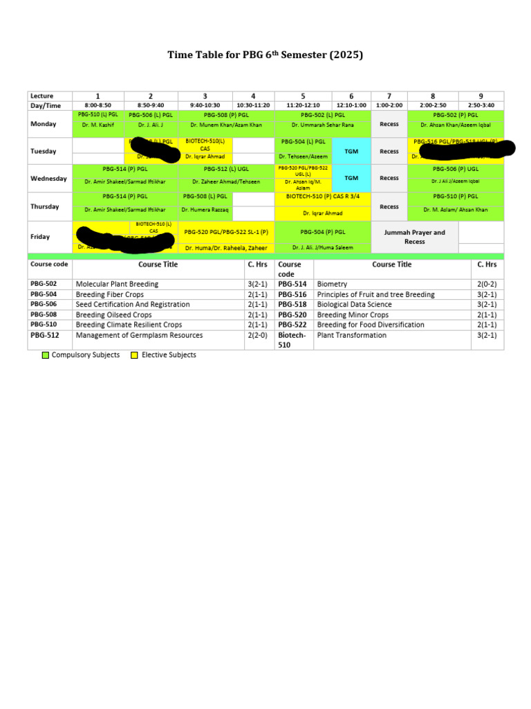 Time Table For PBG 6th Semester Updated - Edited | PDF | Plants | Biology