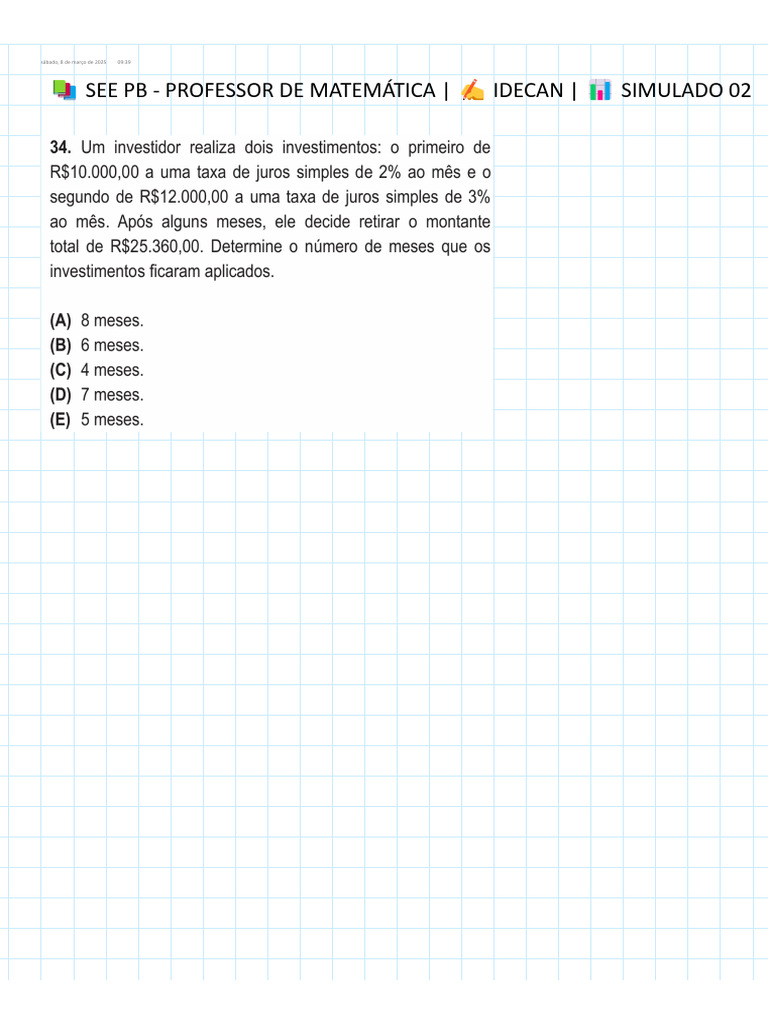 Questões Propostas - Live 02 - ? SEE PB - PROFESSOR DE MATEMÁTICA IDECAN | PDF